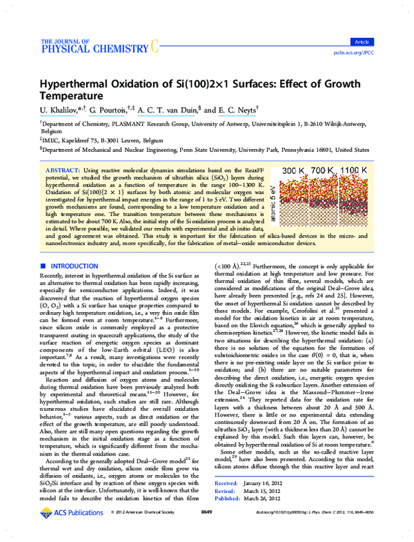(PDF) Hyperthermal Oxidation of Si(100)2×1 Surfaces: Effect of Growth ...
