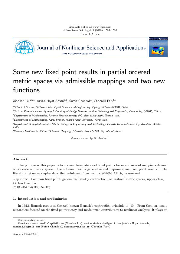 Pdf Some New Fixed Point Results In Partial Ordered Metric Spaces Via Admissible Mappings And