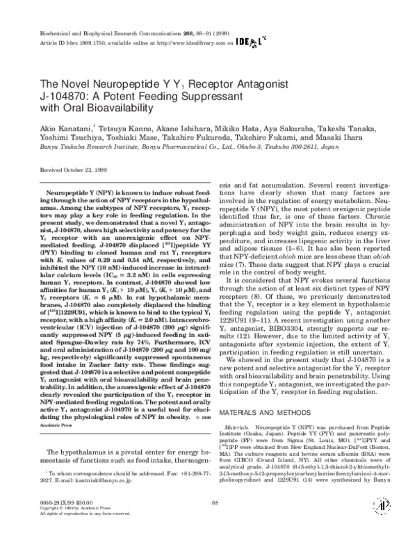 (PDF) The Novel Neuropeptide Y Y1 Receptor Antagonist J-104870: A Potent Feeding Suppressant ...