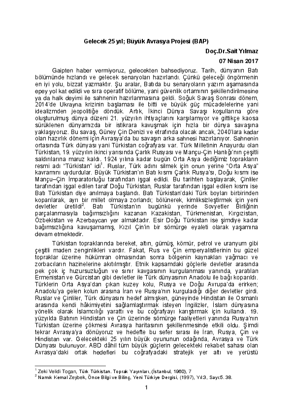 (PDF) Gelecek 25 yıl; Büyük Avrasya Projesi (BAP)