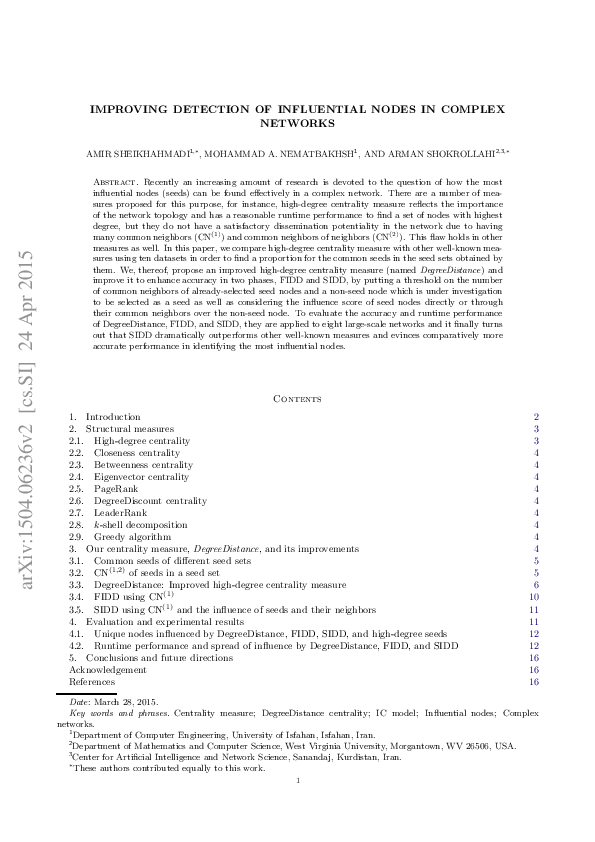 (PDF) Improving detection of influential nodes in complex networks | Arman Shokrollahi and ...