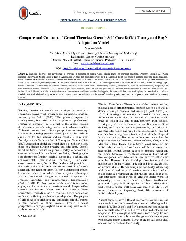 (PDF) Compare and Contrast of Grand Theories: Orem’s Self-Care Deficit ...