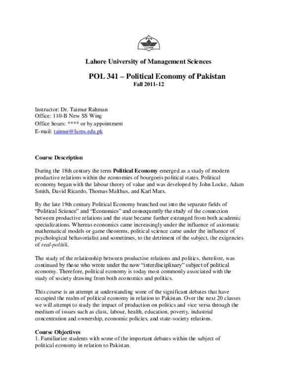 (PDF) POL 341 – Political Economy of Pakistan