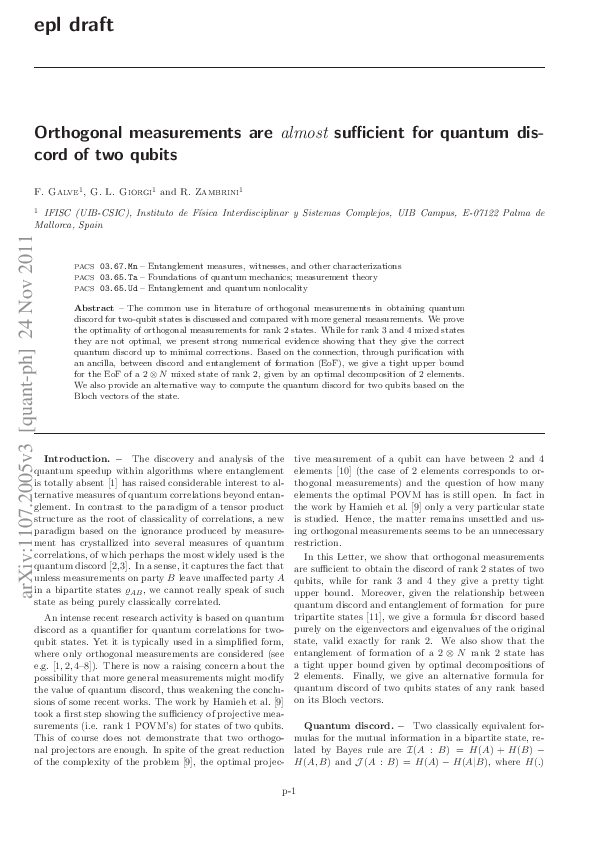 (PDF) Orthogonal measurements are { it almost} sufficient for quantum discord of two qubits ...