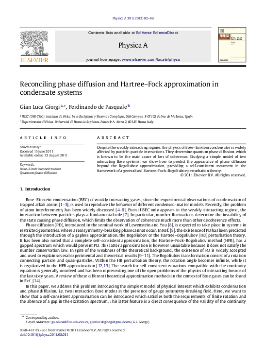 (PDF) Reconciling phase diffusion and Hartree–Fock approximation in ...