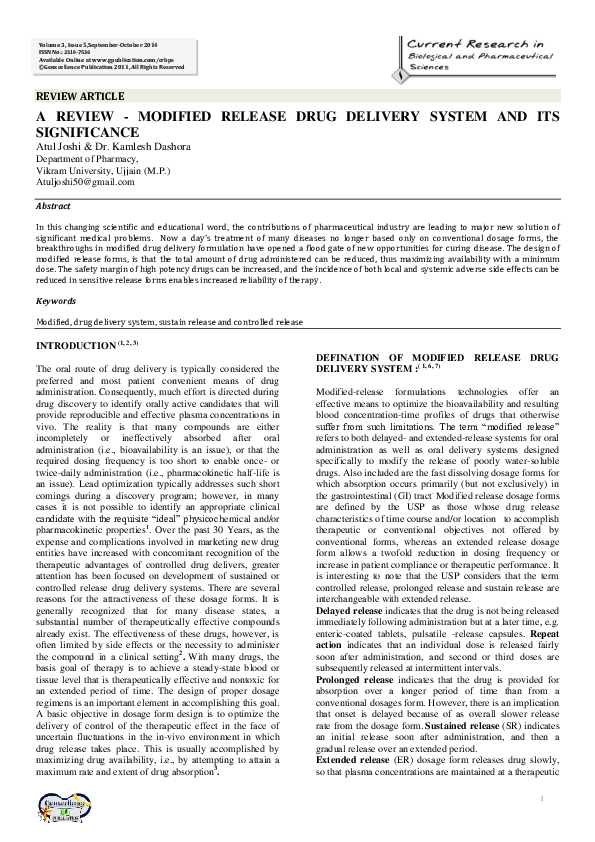 (PDF) A REVIEW -MODIFIED RELEASE DRUG DELIVERY SYSTEM AND ITS SIGNIFICANCE