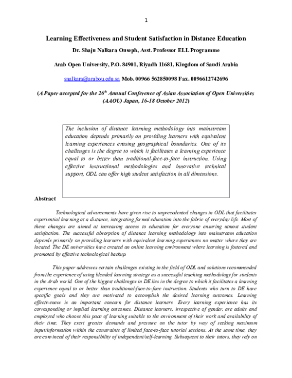 (DOC) Learning Effectiveness and Student Satisfaction in Distance Education