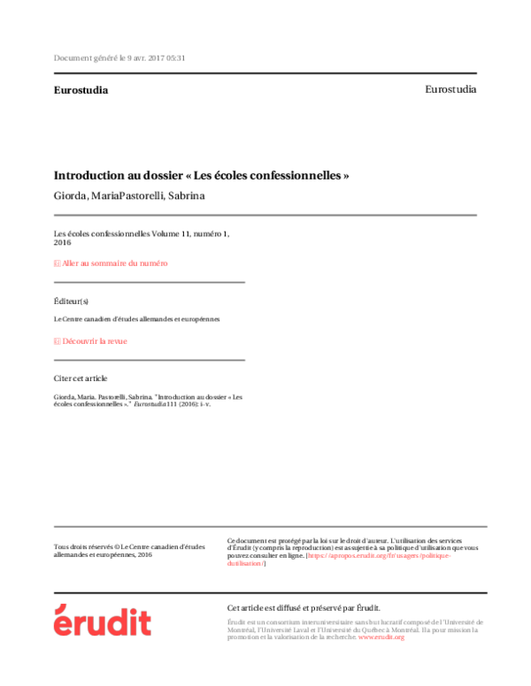 (PDF) Introduction au dossier "Les écoles confessionnelles"