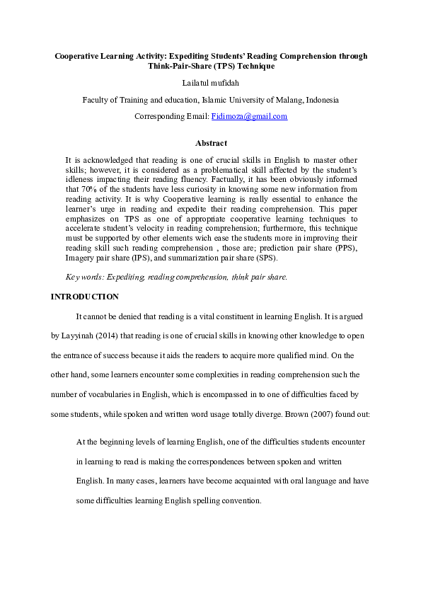 (PDF) Improving Students' Reading Comprehension of Recount Text by Using Think-Pair-Share (TPS ...