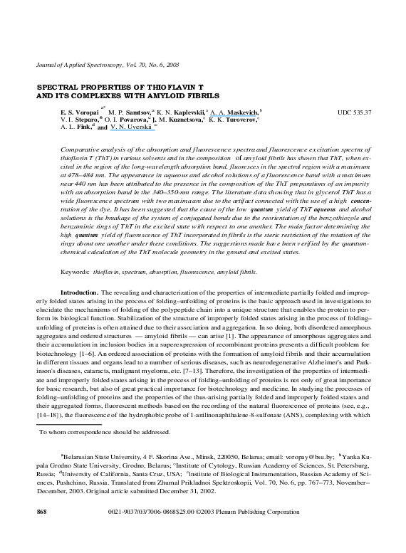 (PDF) Spectral Properties of Thioflavin T and Its Complexes with ...