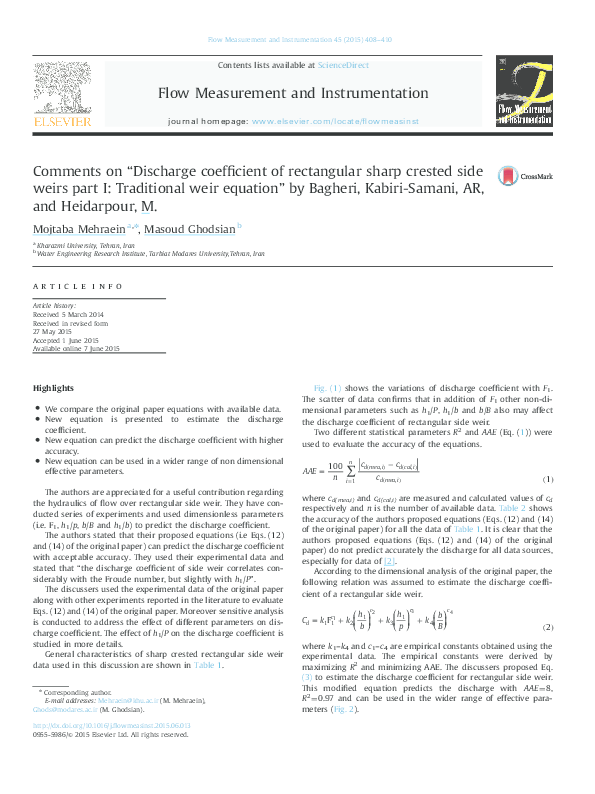 (PDF) Comments on “Discharge coefficient of rectangular sharp crested ...