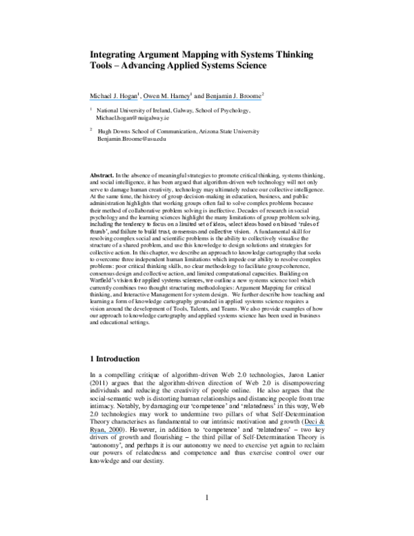 Pdf Integrating Argument Mapping With Systems Thinking Tools Advancing Applied Systems Science