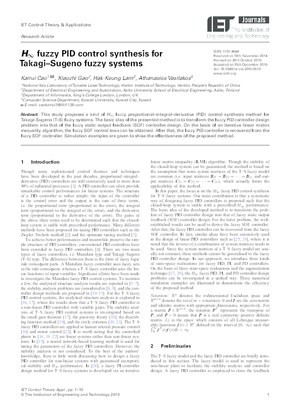Pdf H ∞ Fuzzy Pid Control Synthesis For Takagisugeno Fuzzy Systems