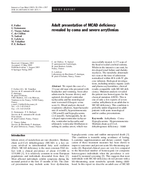(PDF) Adult presentation of MCAD deficiency revealed by coma and severe ...
