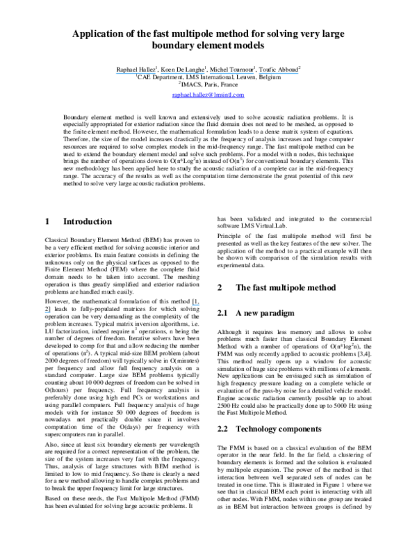 (PDF) Application of the fast multipole method for solving very large boundary element models