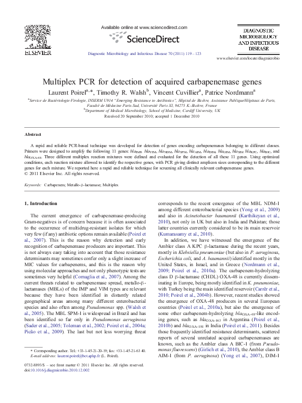 (PDF) Multiplex PCR for detection of acquired carbapenemase genes