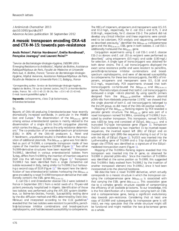 (PDF) A mosaic transposon encoding OXA-48 and CTX-M-15: towards pan ...