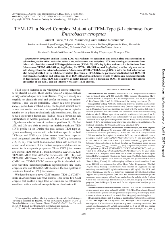 (PDF) TEM-121, a Novel Complex Mutant of TEM-Type -Lactamase from ...