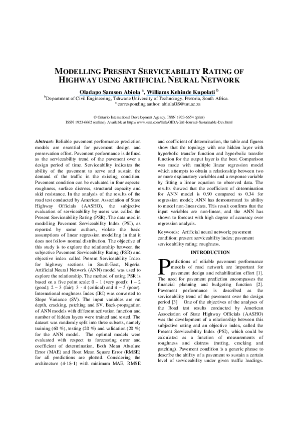 Pdf Modelling Present Serviceability Rating Of Highway Using Artificial Neural Network