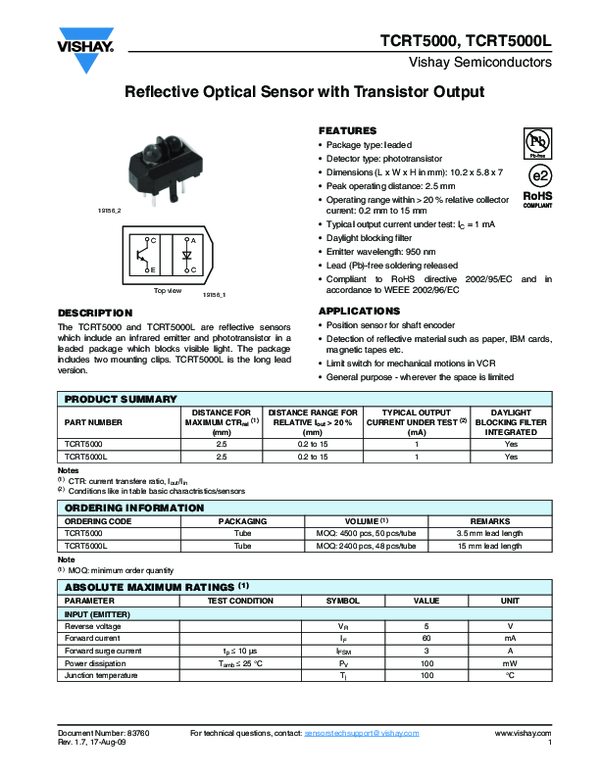 (PDF) Reflective Optical Sensor with Transistor Output TCRT5000 ...