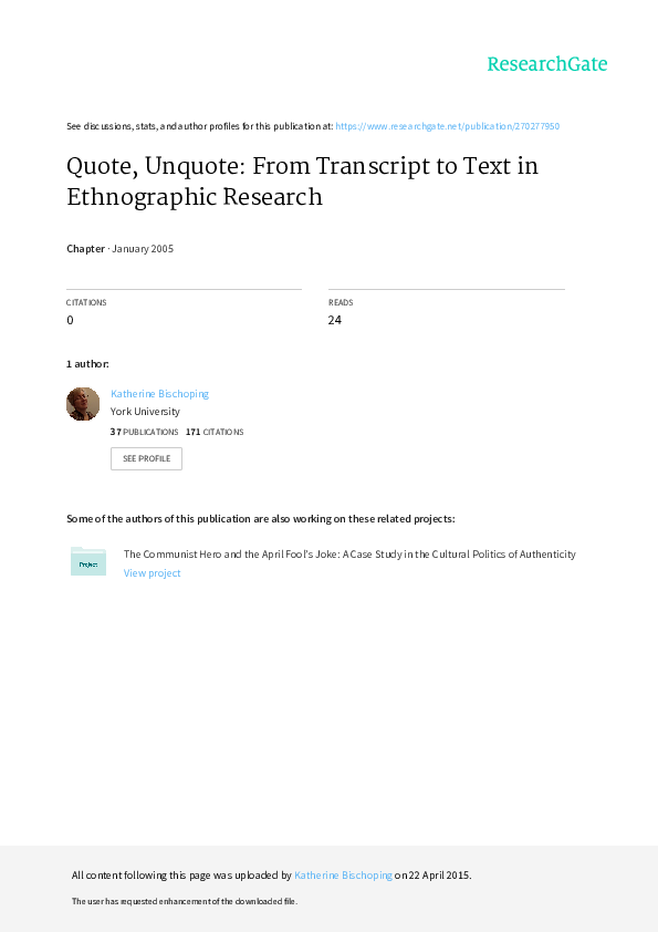 (PDF) Quote, Unquote: From Transcript to Text in Ethnographic Research