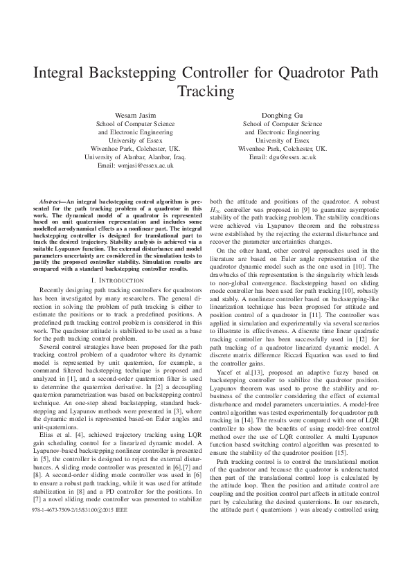 (PDF) Integral Backstepping Controller for Quadrotor Path Tracking