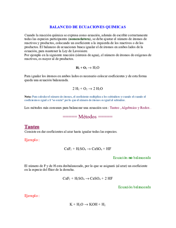 (DOC) BALANCEO DE ECUACIONES QUIMICAS