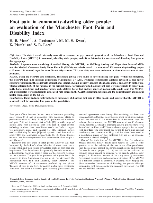 (PDF) Foot pain in community-dwelling older people: an evaluation of ...