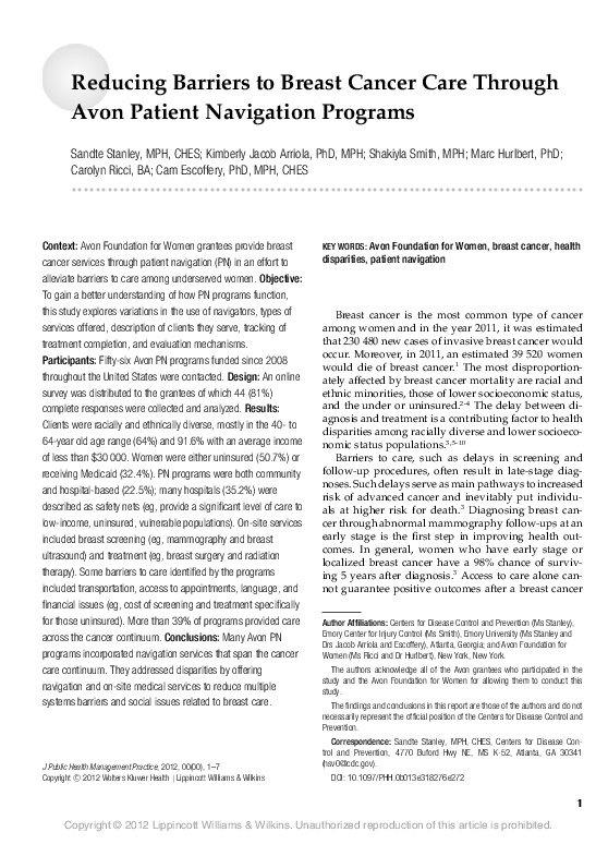 (PDF) Reducing Barriers to Breast Cancer Care Through Avon Patient ...