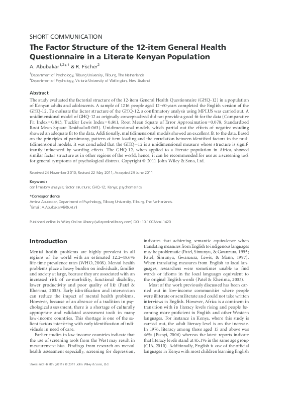 Pdf The Factor Structure Of The 12 Item General Health Questionnaire In A Literate Kenyan