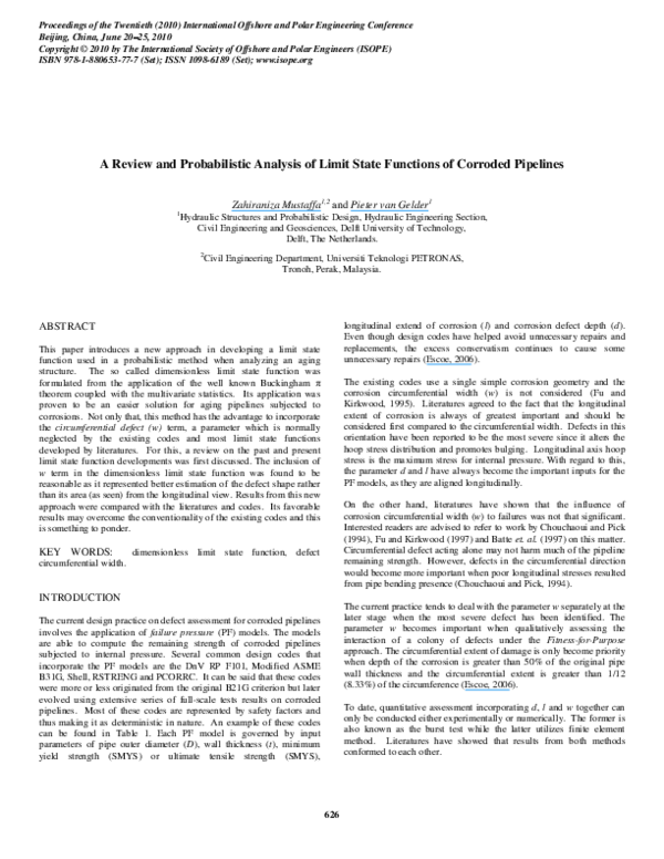 (PDF) A Review and Probabilistic Analysis of Limit State Functions of Corroded Pipelines
