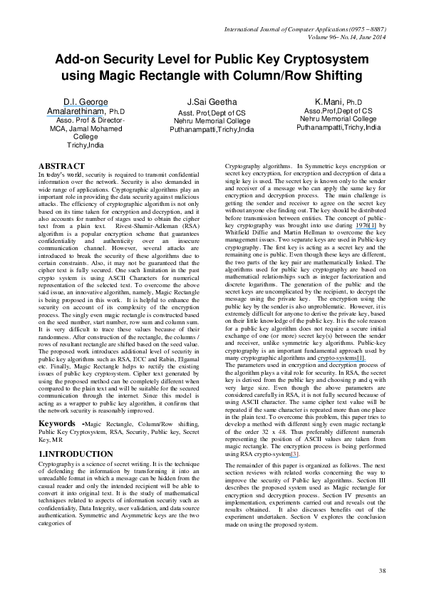 Pdf Add On Security Level For Public Key Cryptosystem Using Magic Rectangle With Columnrow