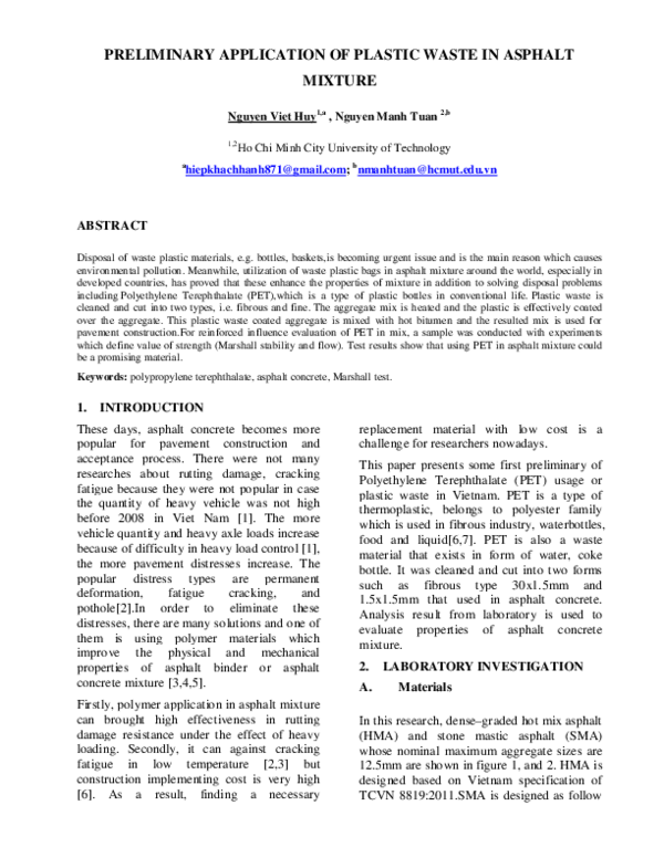 (PDF) PRELIMINARY APPLICATION OF PLASTIC WASTE IN ASPHALT MIXTURE