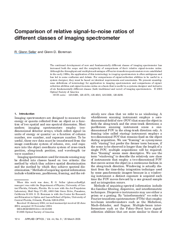 Pdf Comparison Of Relative Signal To Noise Ratios Of Different Classes Of Imaging Spectrometer