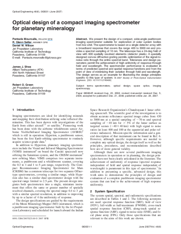 (PDF) Optical design of a compact imaging spectrometer for planetary mineralogy