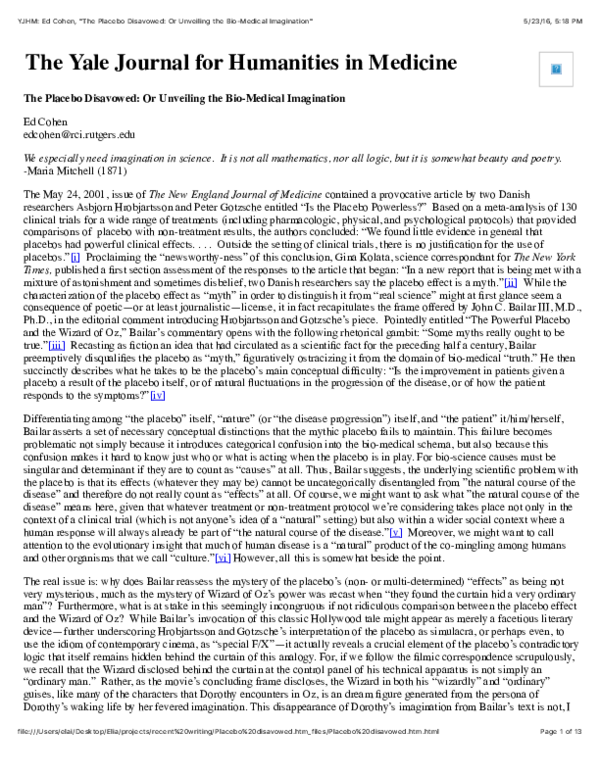 (PDF) The Yale Journal for Humanities in Medicine The Placebo Disavowed ...