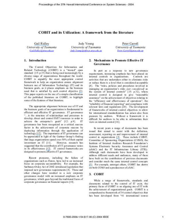 Pdf Cobit And Its Utilization A Framework From The Literature