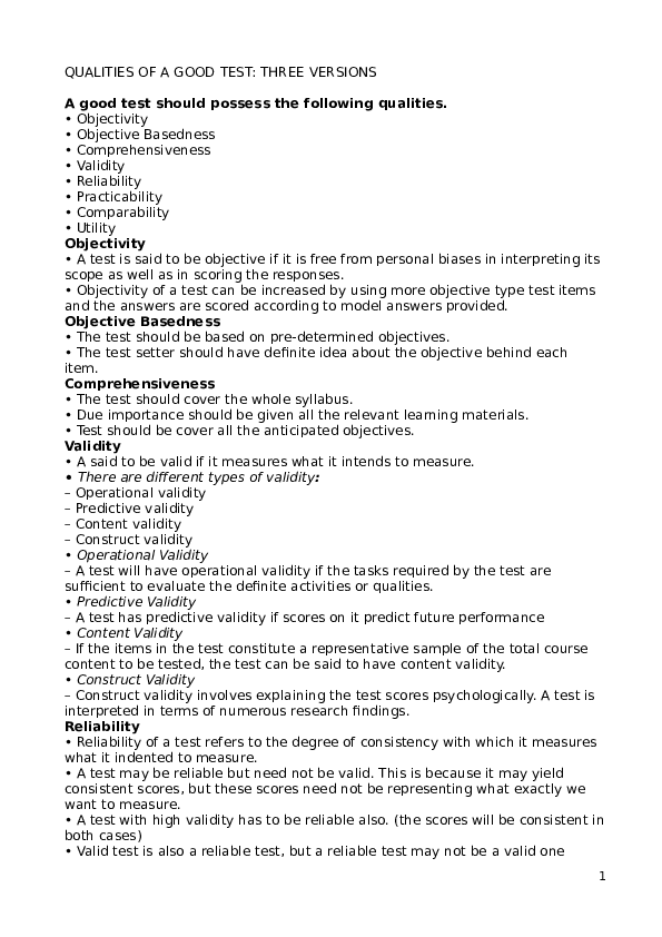 (DOC) QUALITIES OF A GOOD TEST: THREE VERSIONS