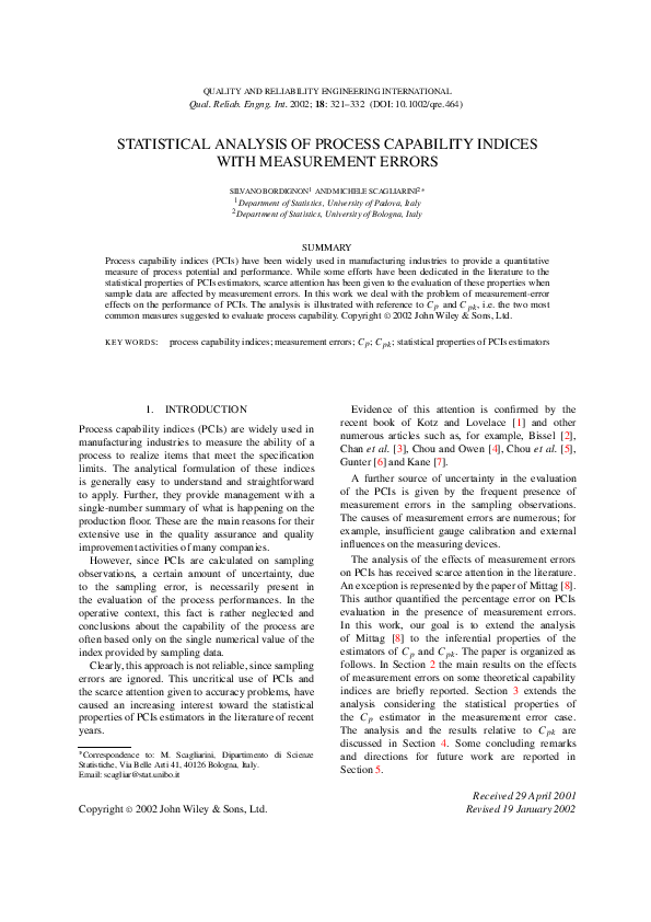 Pdf Statistical Analysis Of Process Capability Indices With Measurement Errors