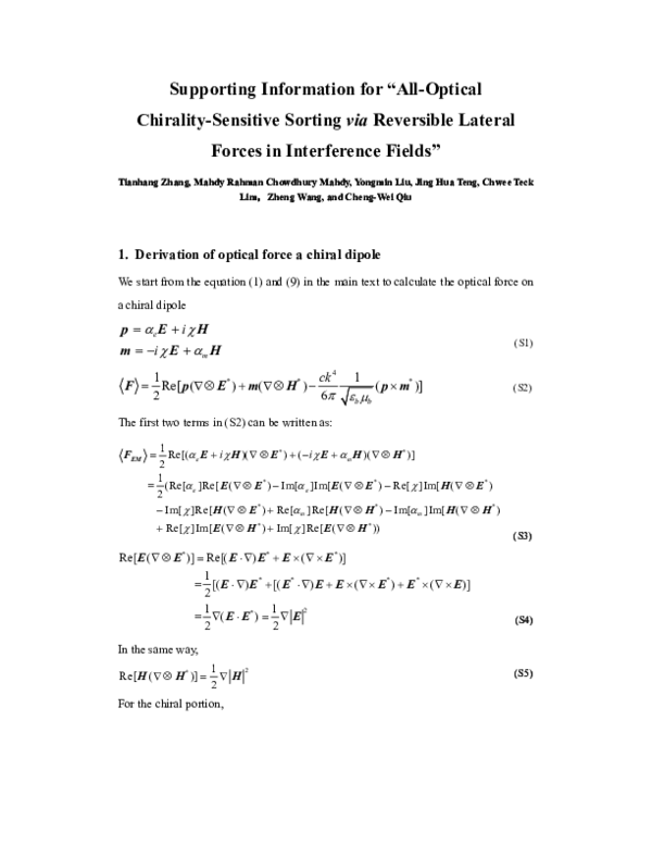 (PDF) Supporting Information for " All-Optical Chirality-Sensitive Sorting via Reversible ...