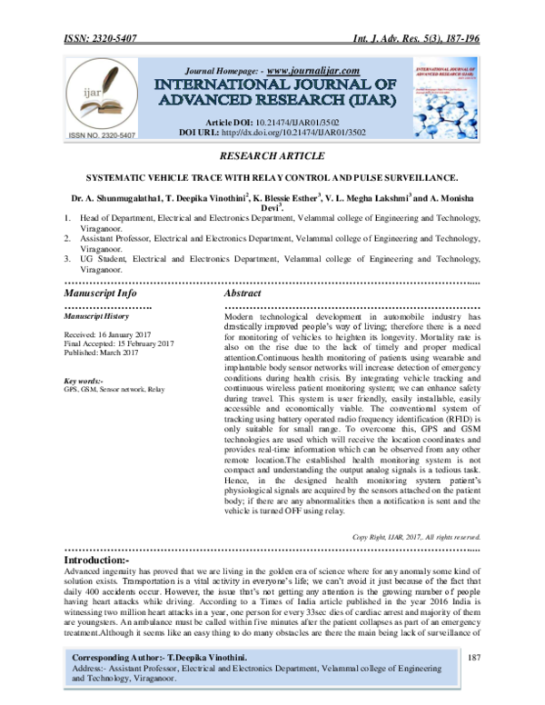 (PDF) SYSTEMATIC VEHICLE TRACE WITH RELAY CONTROL AND PULSE SURVEILLANCE