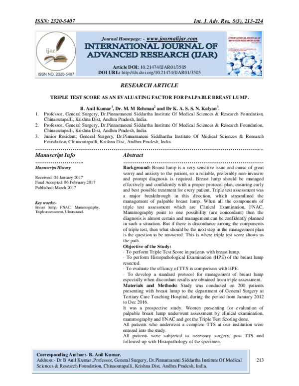 (PDF) TRIPLE TEST SCORE AS AN EVALUATING FACTOR FOR PALPABLE BREAST ...