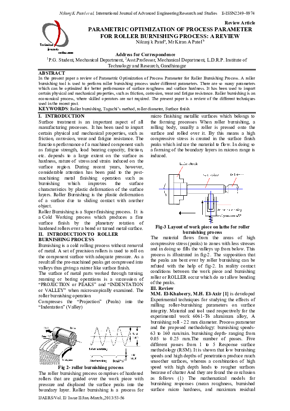 (PDF) PARAMETRIC OPTIMIZATION OF PROCESS PARAMETER FOR ROLLER BURNISHING PROCESS: A REVIEW ...