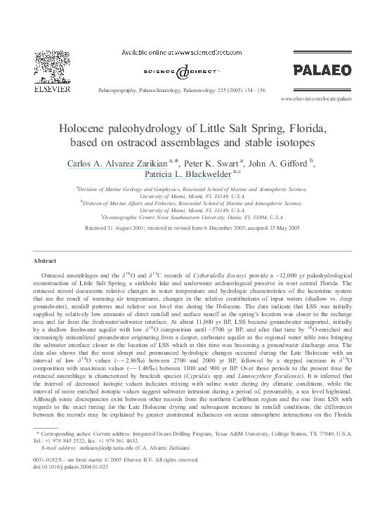 (PDF) Holocene paleohydrology of Little Salt Spring, Florida, based on ...