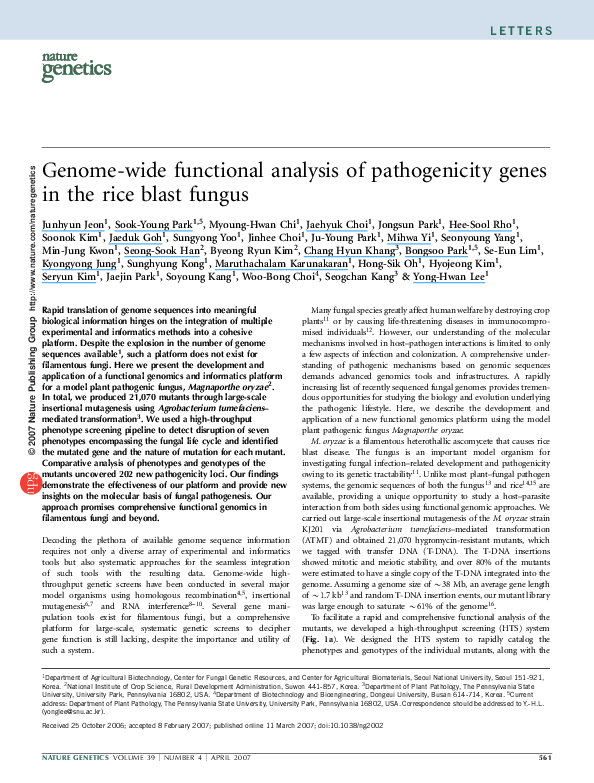 (PDF) Genome-wide functional analysis of pathogenicity genes in the rice blast fungus