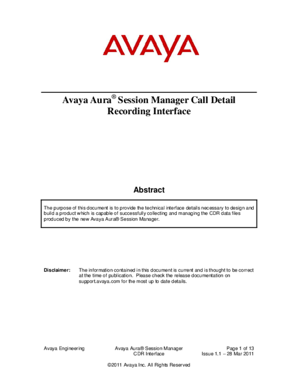 (PDF) Avaya Aura ® Session Manager Call Detail Recording Interface