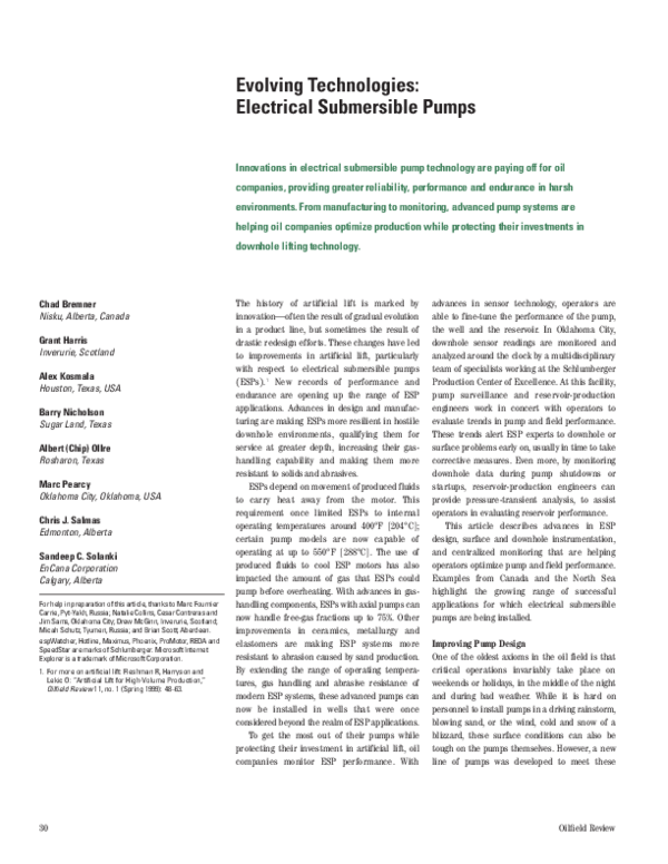 (PDF) Evolving Technologies: Electrical Submersible Pumps