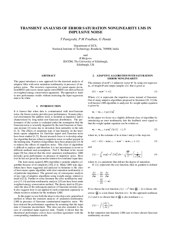 Pdf Transient Analysis Of Error Saturation Nonlinearity Lms In