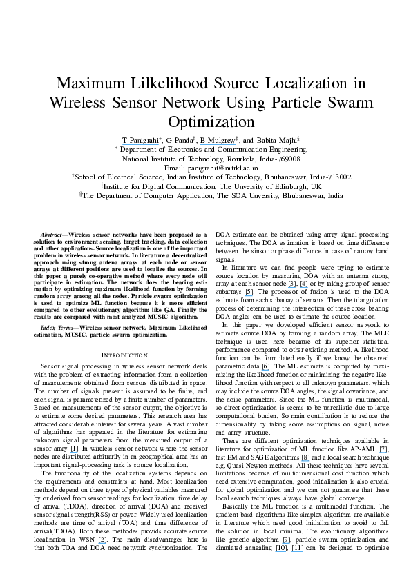Pdf Maximum Likelihood Source Localisation In Wireless Sensor Network