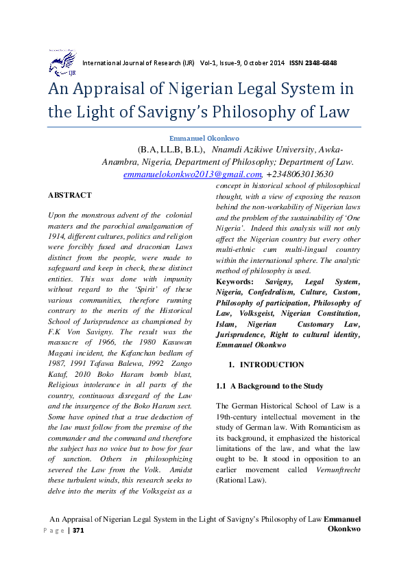 (PDF) An Appraisal of Nigerian Legal System in the Light of Savigny's ...